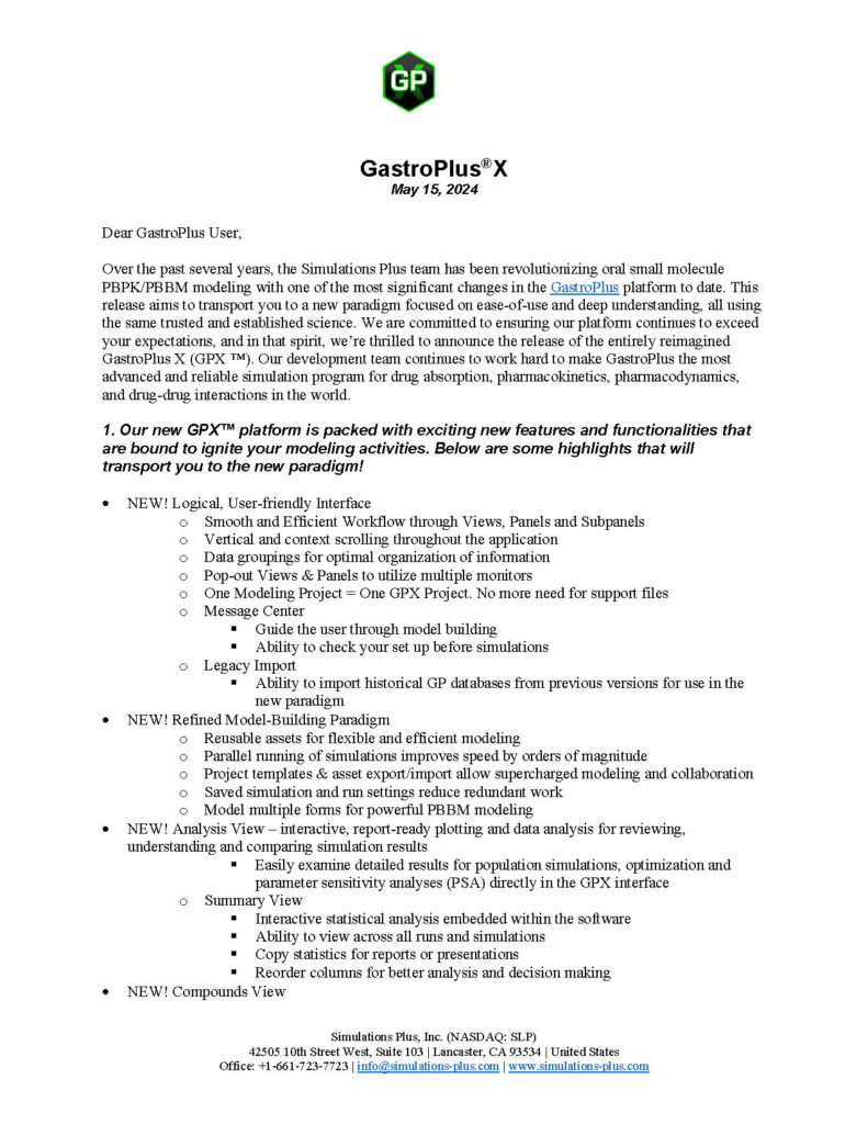 GastroPlus®X Release Notes - Simulations Plus