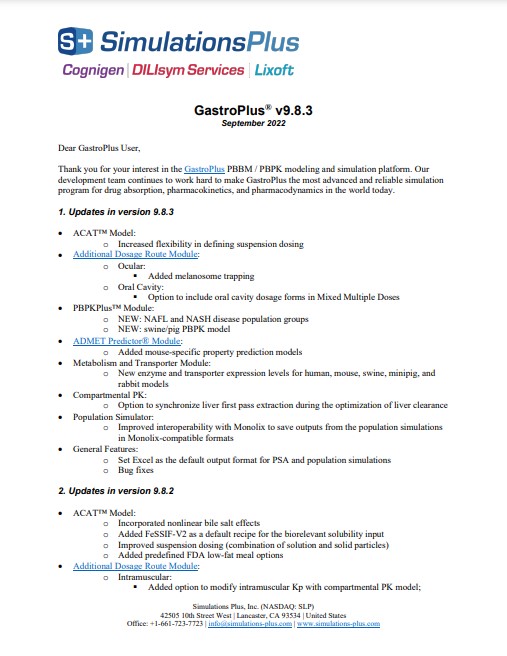 GastroPlus® v9.8.3 Release Notes - Simulations Plus